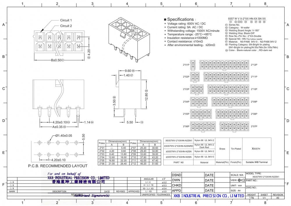 X9357WV-2x01HN-N2SN technical drawing and recommended PCB layout