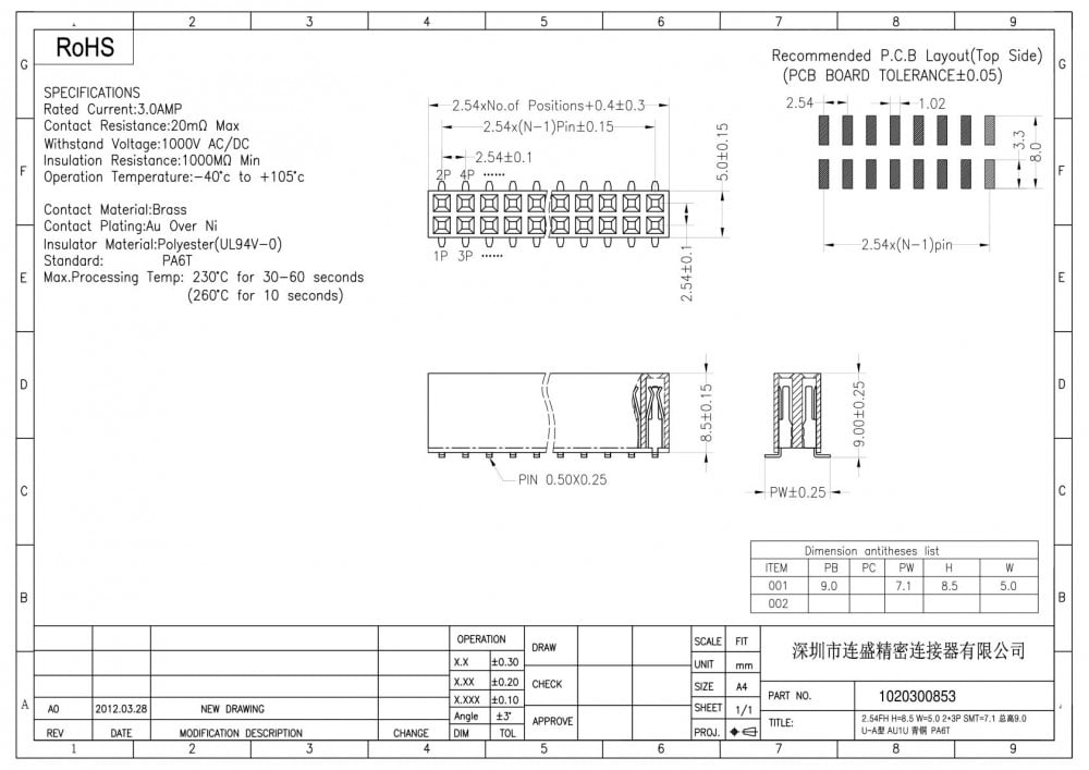 Liansheng 1020300853 technical drawing and specification sheet