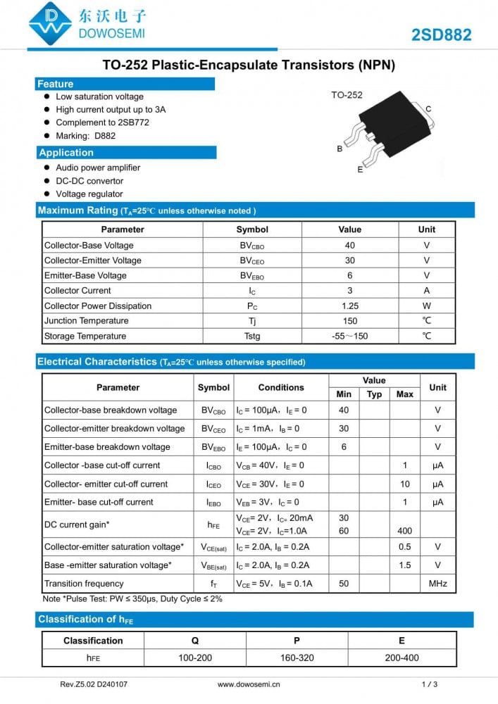 2SD882 TO-252 datasheet page 1