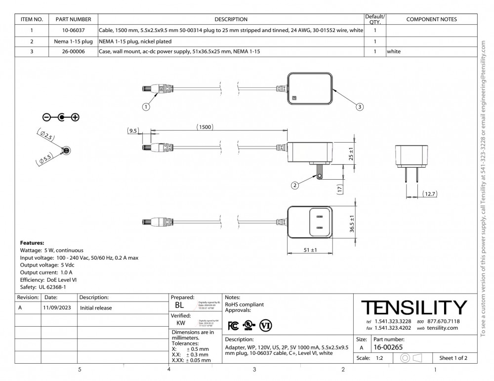 Tensility International 16-00265 product specification, page 1