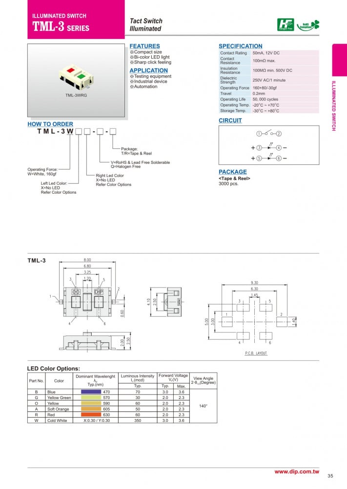 Diptronics TML-3WBB-V-T/R technical document page