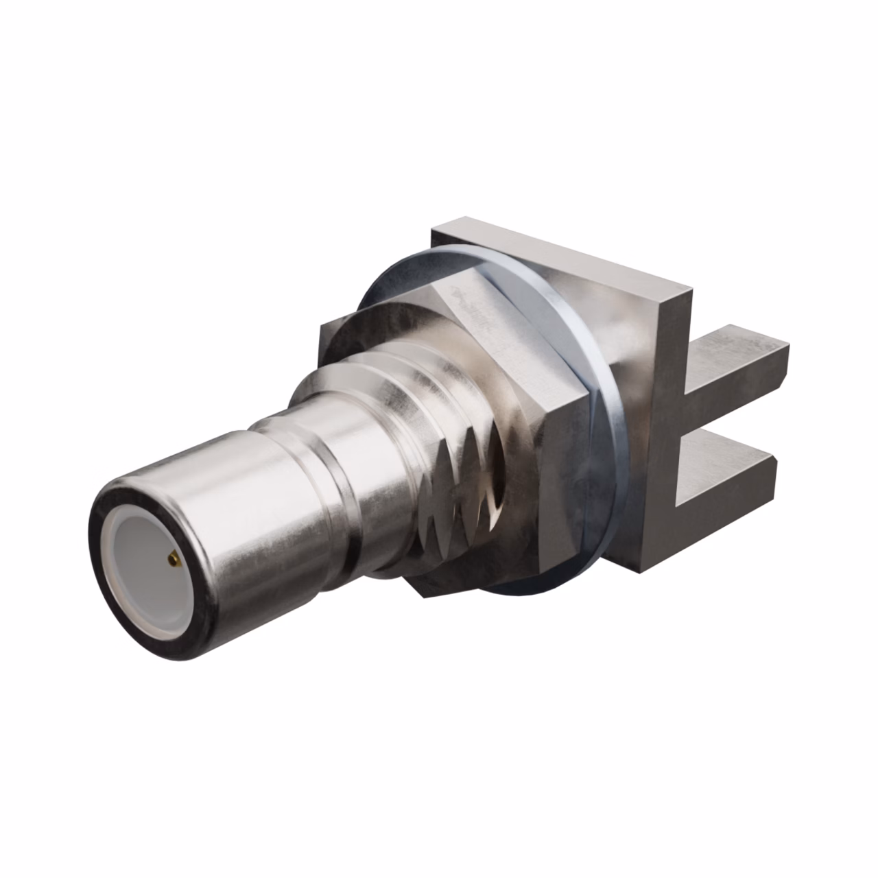 SMB Jack, Straight, Bulkhead Receptacle, PCB, Edge Mount, Brass Body, Nickel (Ni) Plated, 50 Ohms for sale