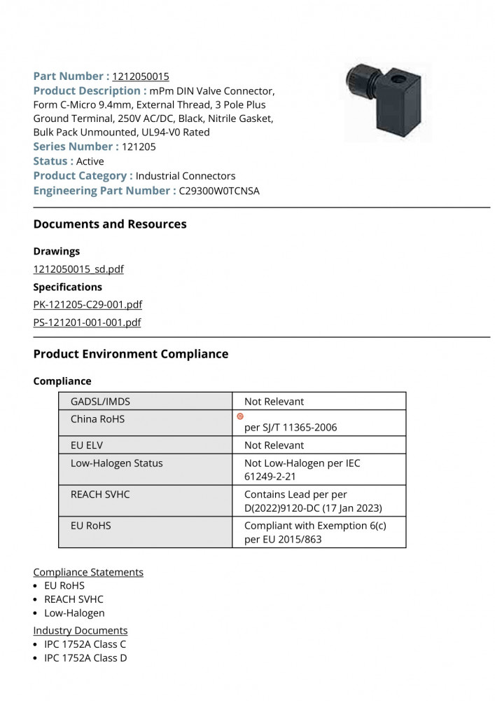 DIN valve connector specification document page 1