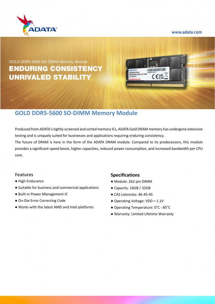 ADATA GOLD DDR5-5600 SO-DIMM product document, page 1