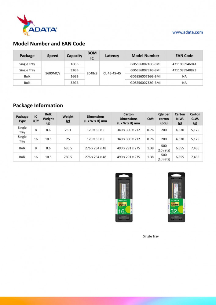 ADATA GOLD DDR5-5600 SO-DIMM product document, page 2