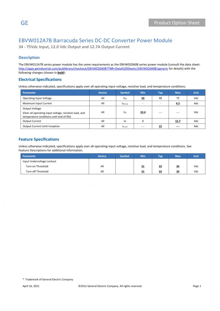 EBVW012A7B Barracuda power module datasheet page 1