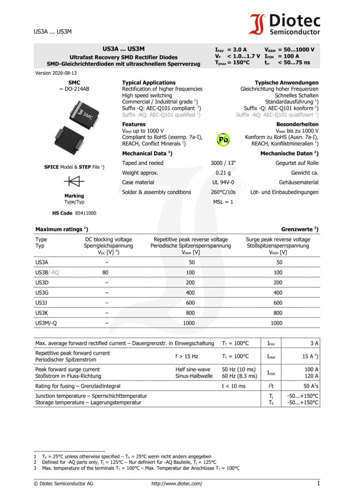 DIOTEC US3A–US3M datasheet page 1