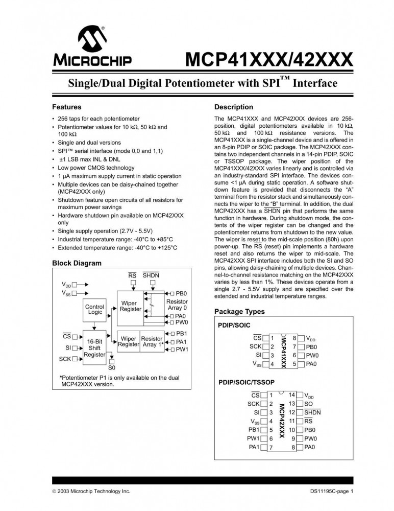 MCP42010T-I/SL datasheet page 1