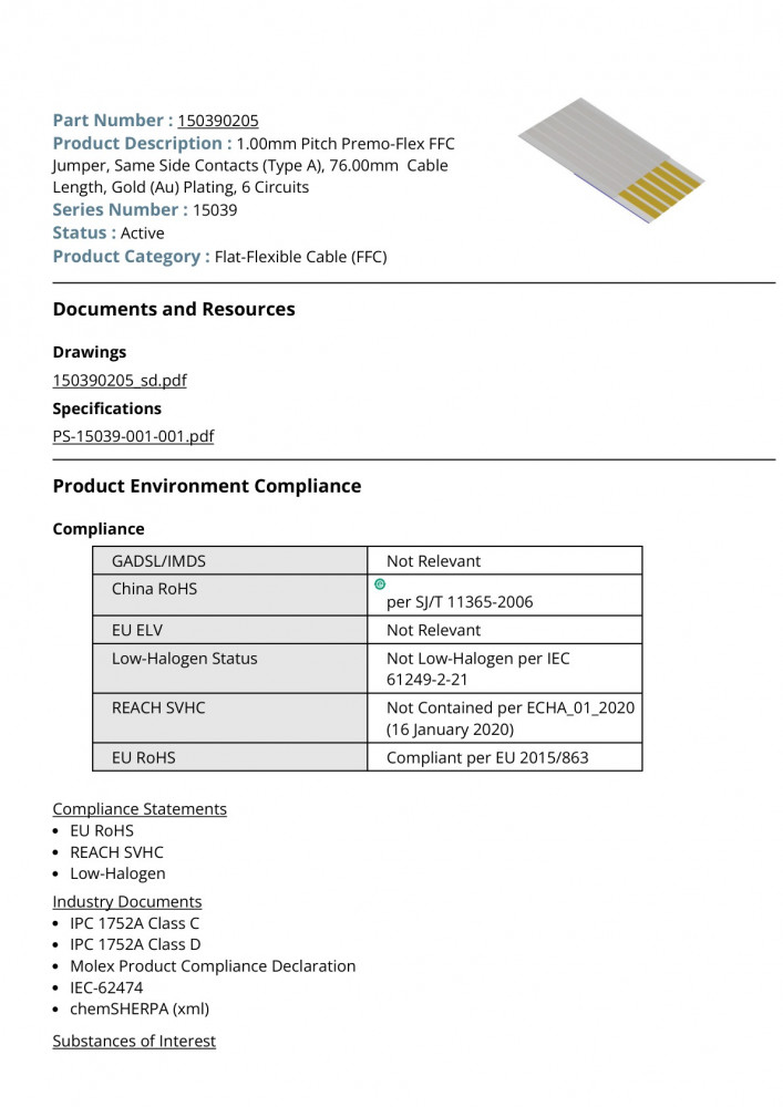 MOLEX 1.00 mm pitch FFC family specification, page 1