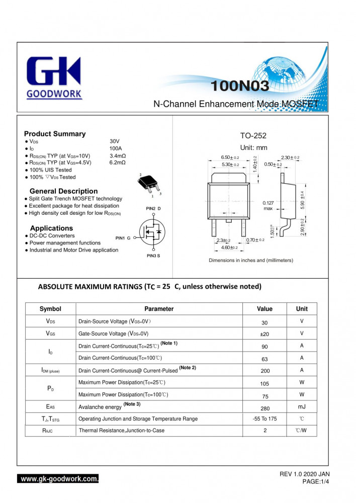 GOODWORK 100N03 datasheet page 1