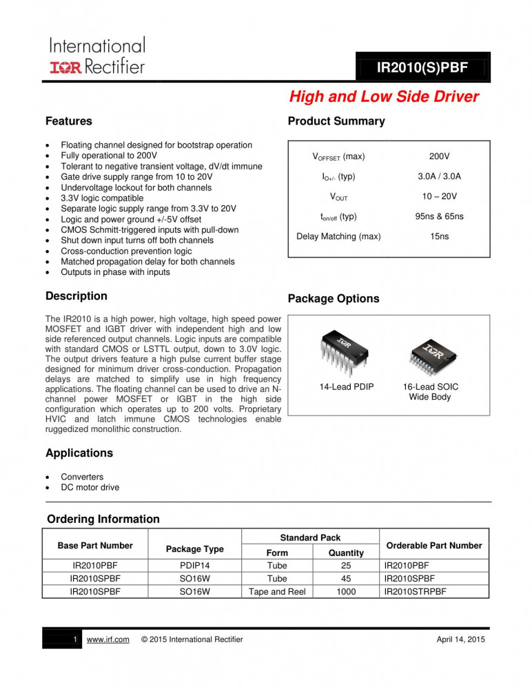 IR2010PBF technical document page 1