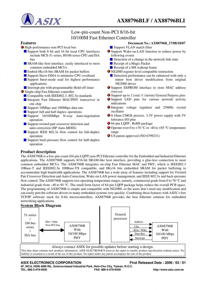 AX88796B datasheet page 1