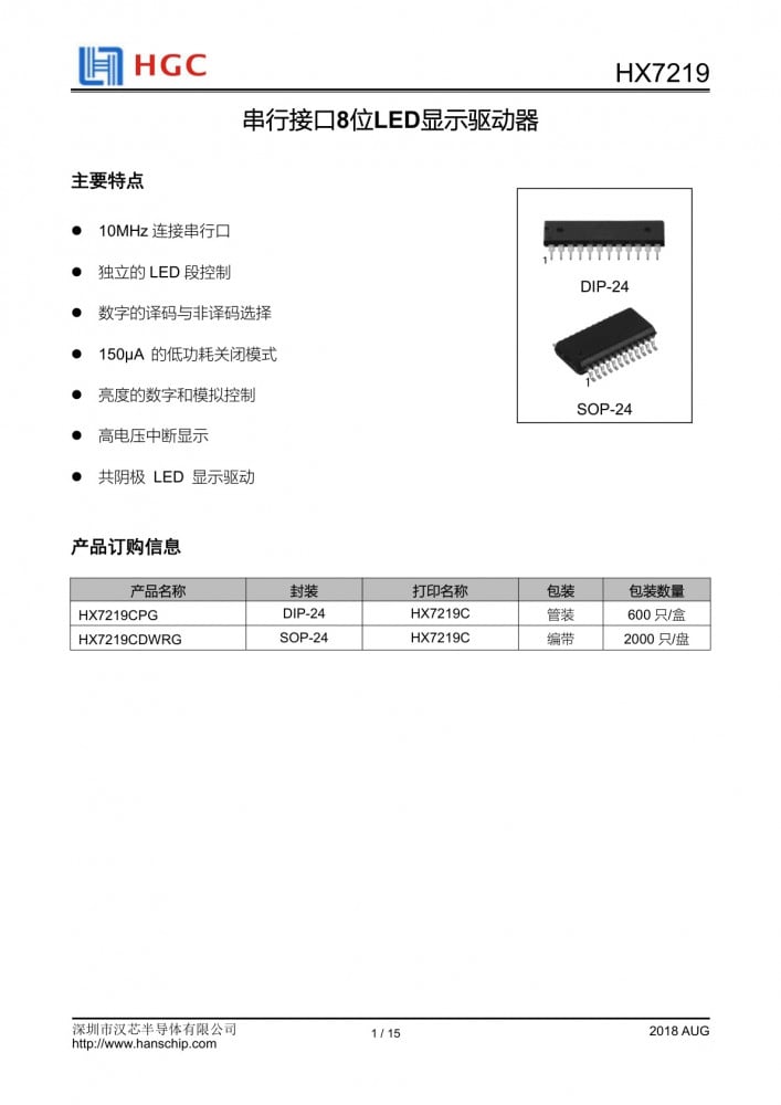 HX7219CDWRG datasheet page 1