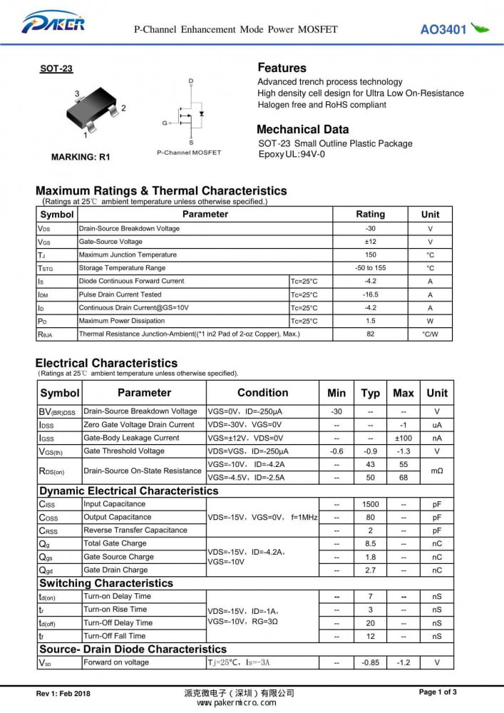 AO3401 datasheet page 1