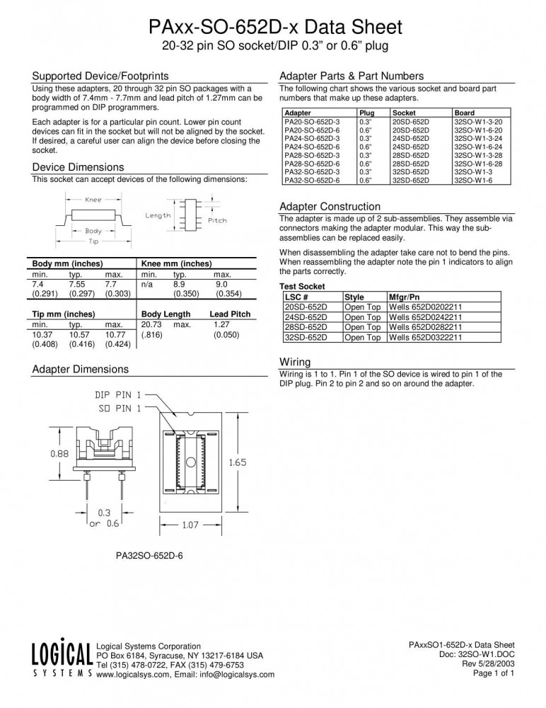 Logical Systems PAxx-SO-652D-x datasheet page showing adapter and package information