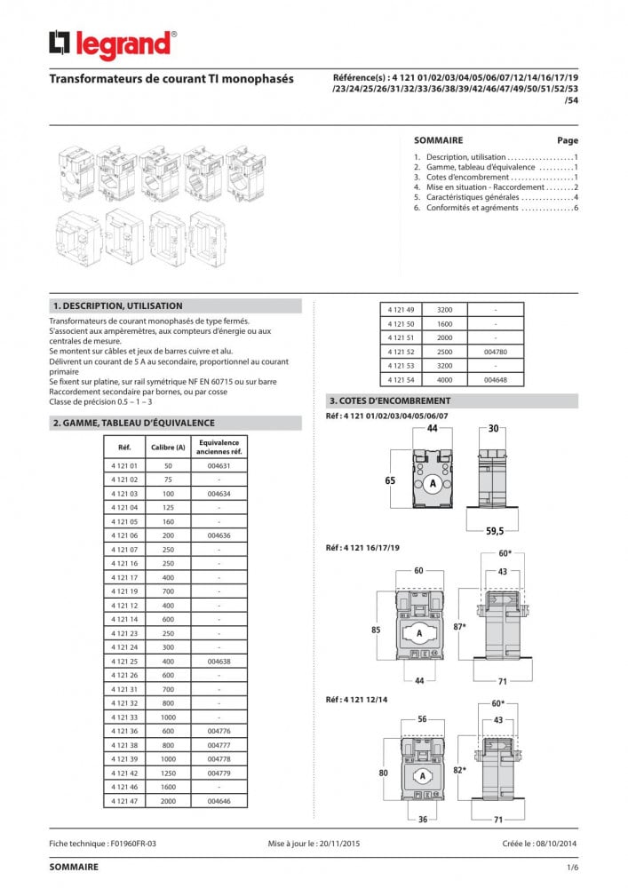 Legrand current transformer technical document, page 1