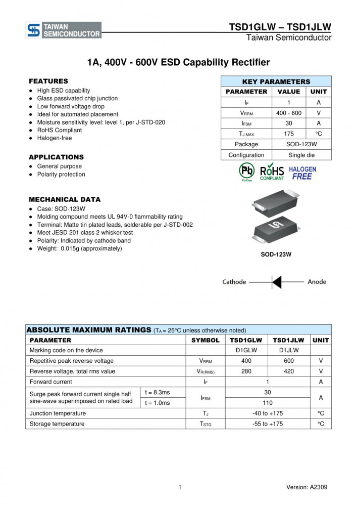 TSD1JLW technical document page 1