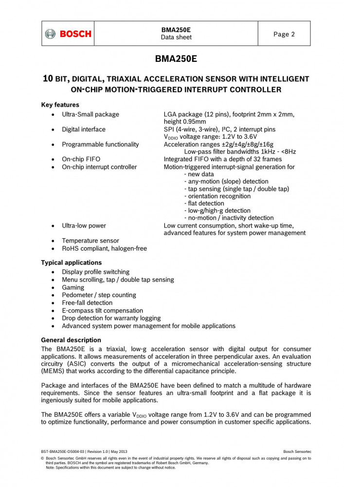 BMA250E datasheet page 2
