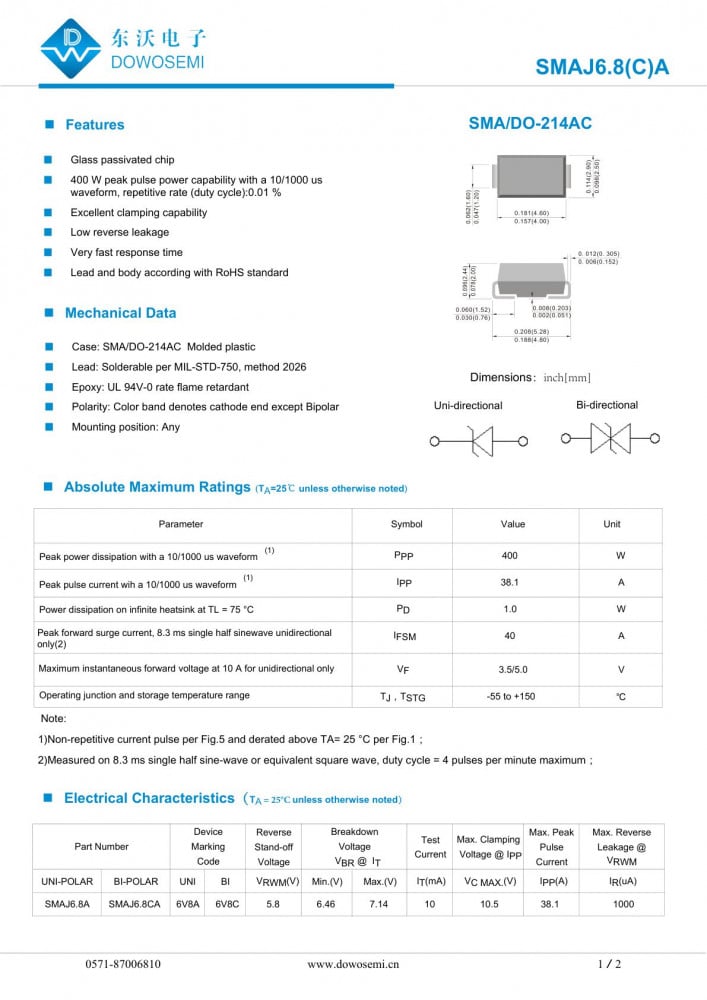 DOWO SMAJ6.8CA datasheet page 1