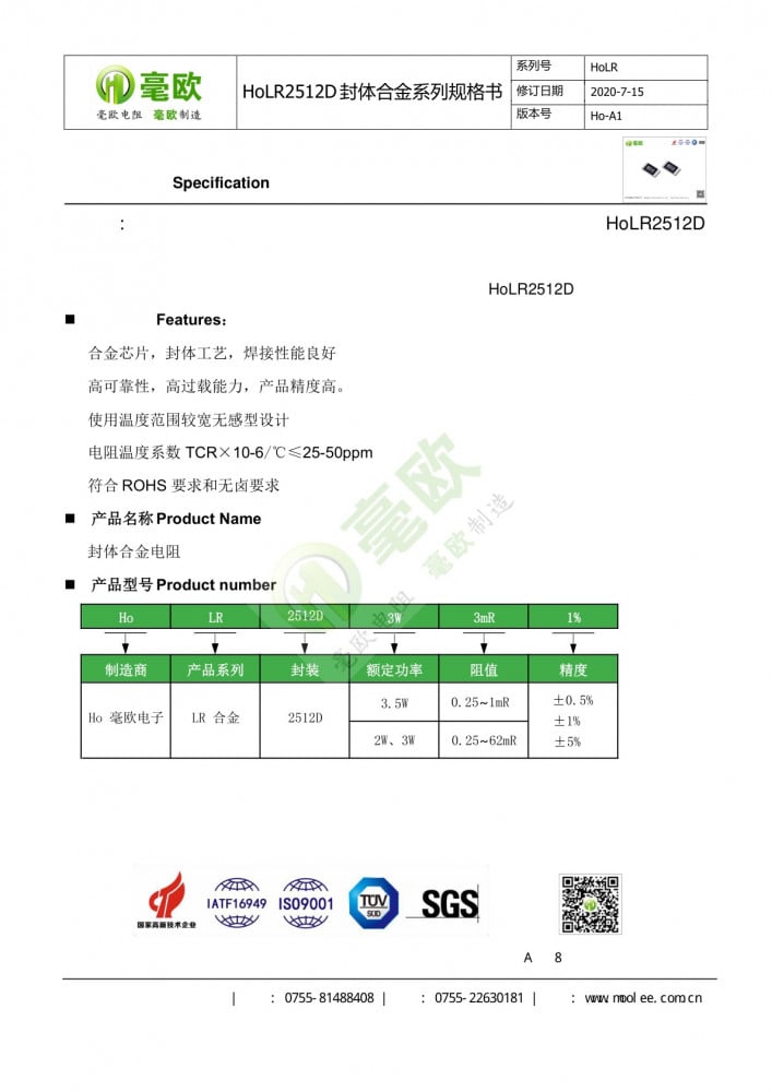 Milliohm HoLR2512D datasheet page 1