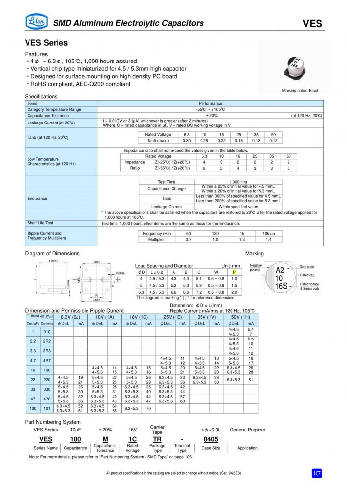 Lelon VES series datasheet page