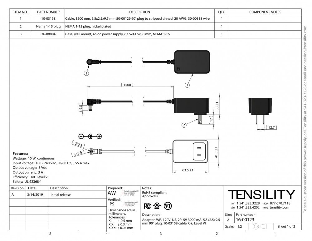 Tensility International 16-00123 technical drawing, page 1