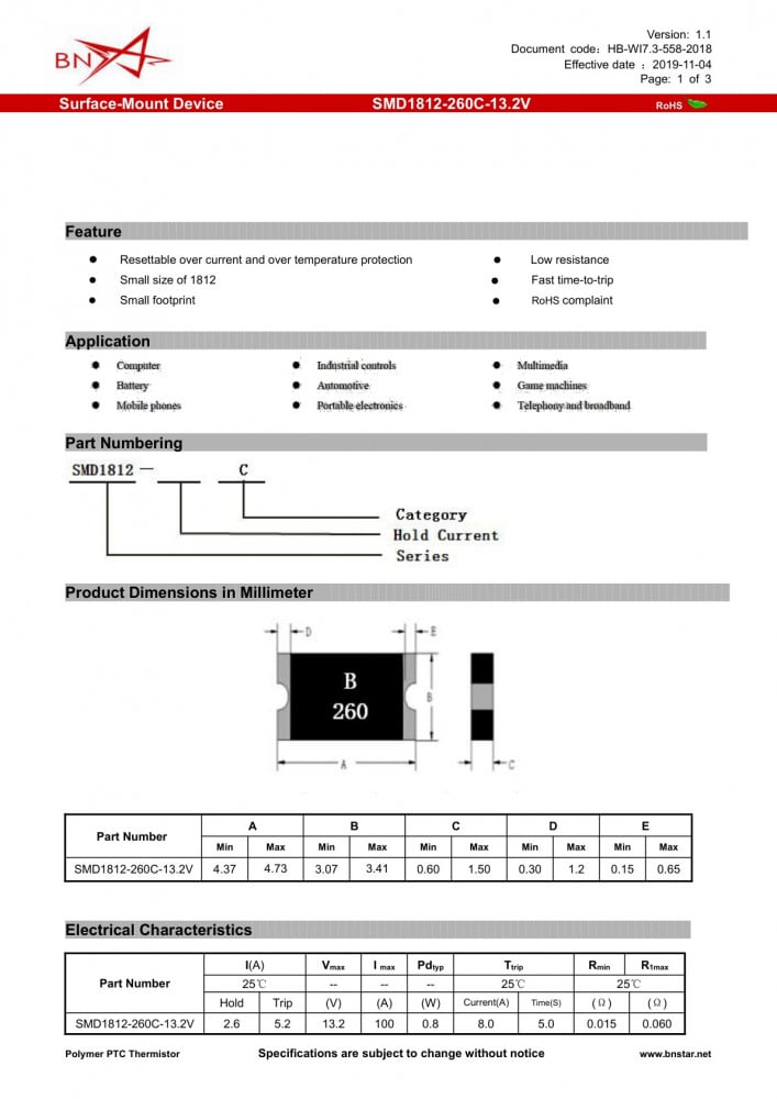 BNstar SMD1812-260C-13.2V datasheet page 1