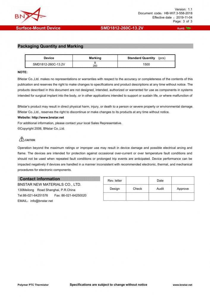 BNstar SMD1812-260C-13.2V datasheet page 3