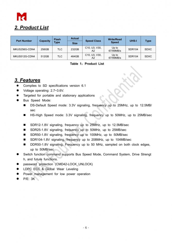 MK Micro SD datasheet page 6