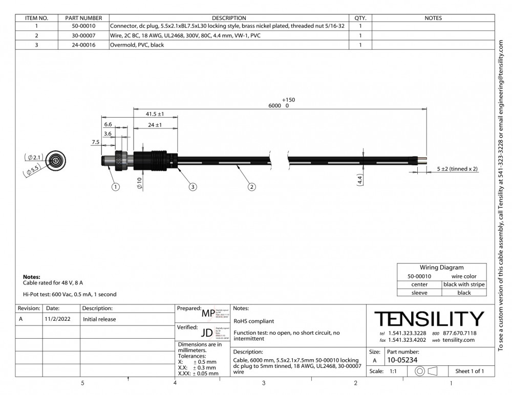 Tensility International 10-05234 cable assembly drawing