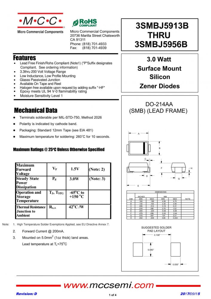 MCC 3SMBJ5933B-TP datasheet page 1