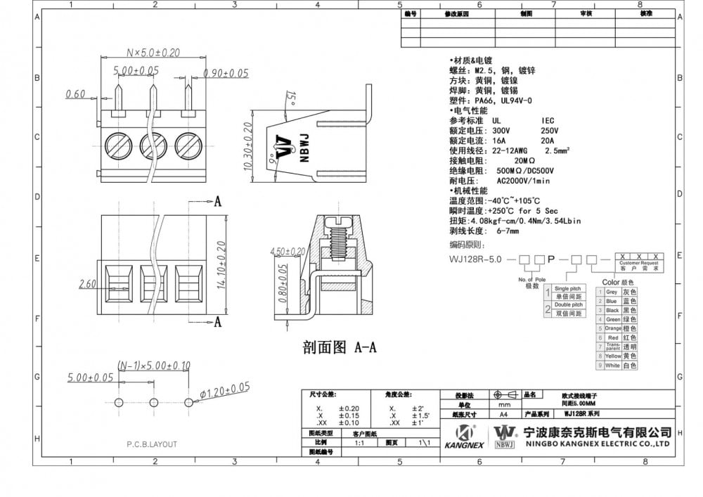 KANGNEX WJ128R-5.0-03P-14-00A technical drawing