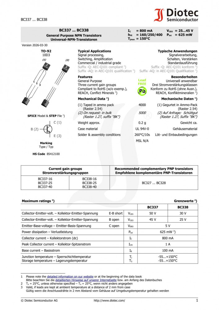DIOTEC BC337 and BC338 datasheet, page 1