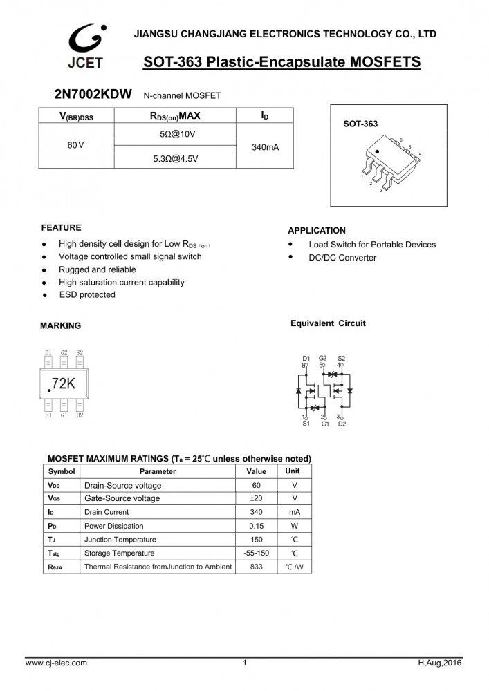 2N7002KDW datasheet page 1