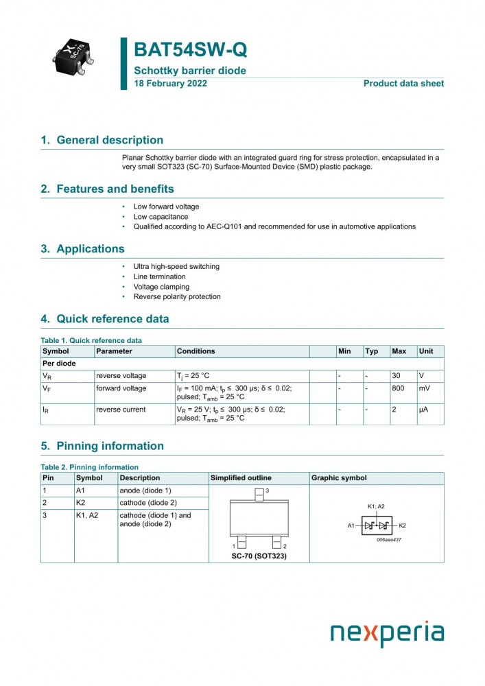 BAT54SW-QX datasheet page 1