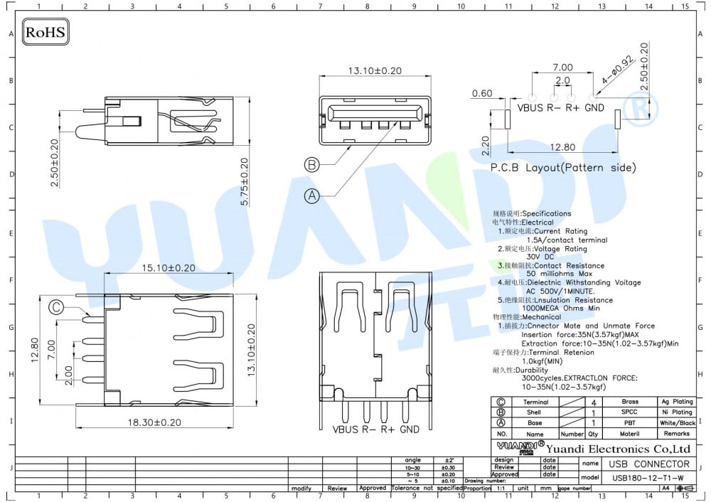 YUANDI USB180-12-T1-W product drawing