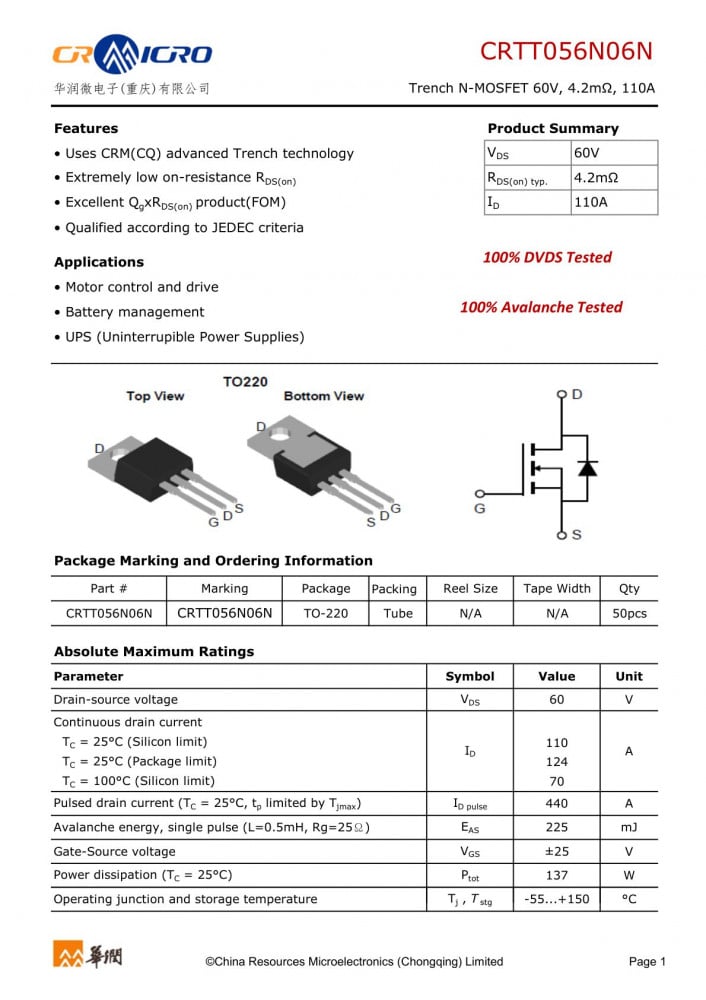 CRTT056N06N datasheet page 1