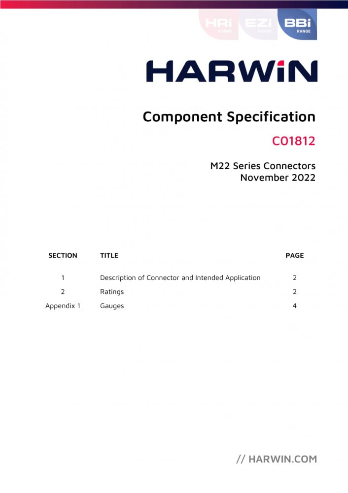 Harwin M22 Series specification page 1
