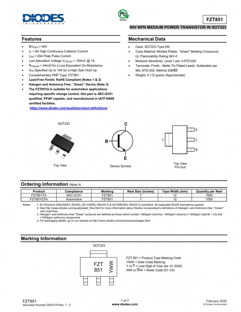 FZT851TA datasheet page 1