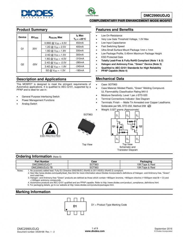 DMC2990UDJQ-7 datasheet page 1