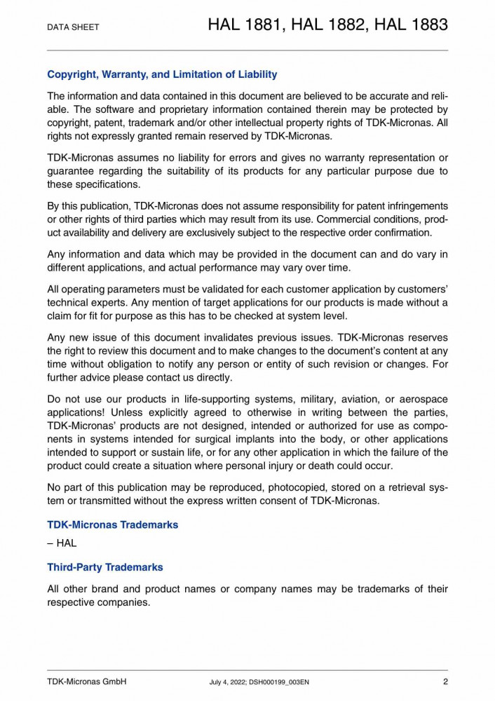 HAL 188x datasheet page 2