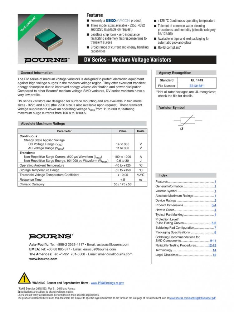 BOURNS DV series datasheet page 1