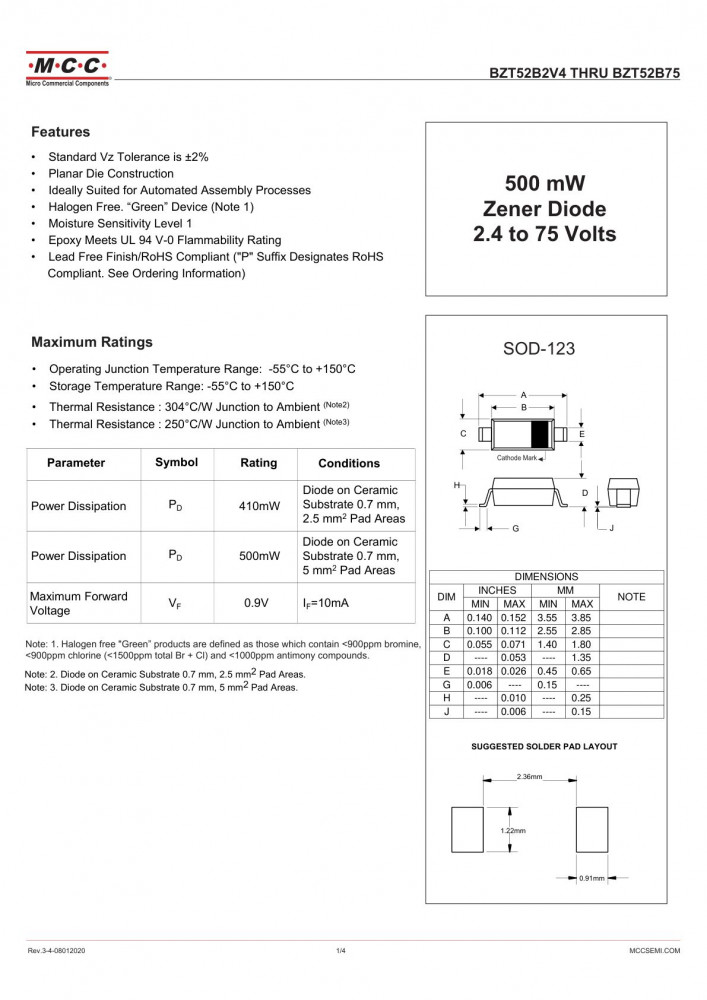 MCC BZT52B5V6-TP datasheet page 1
