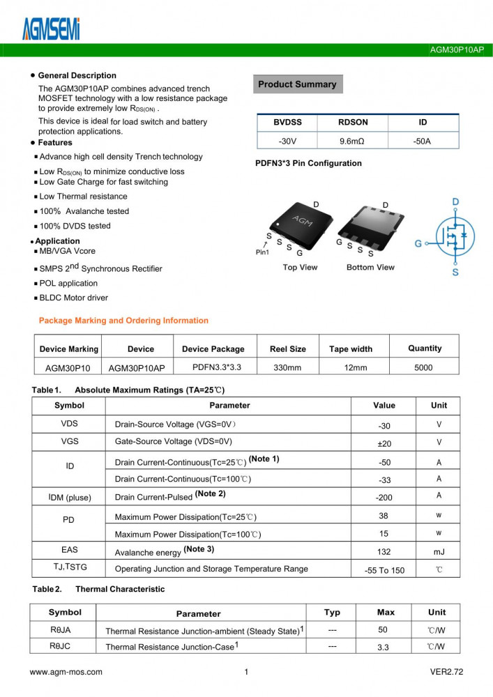 AGM30P10AP datasheet page 1