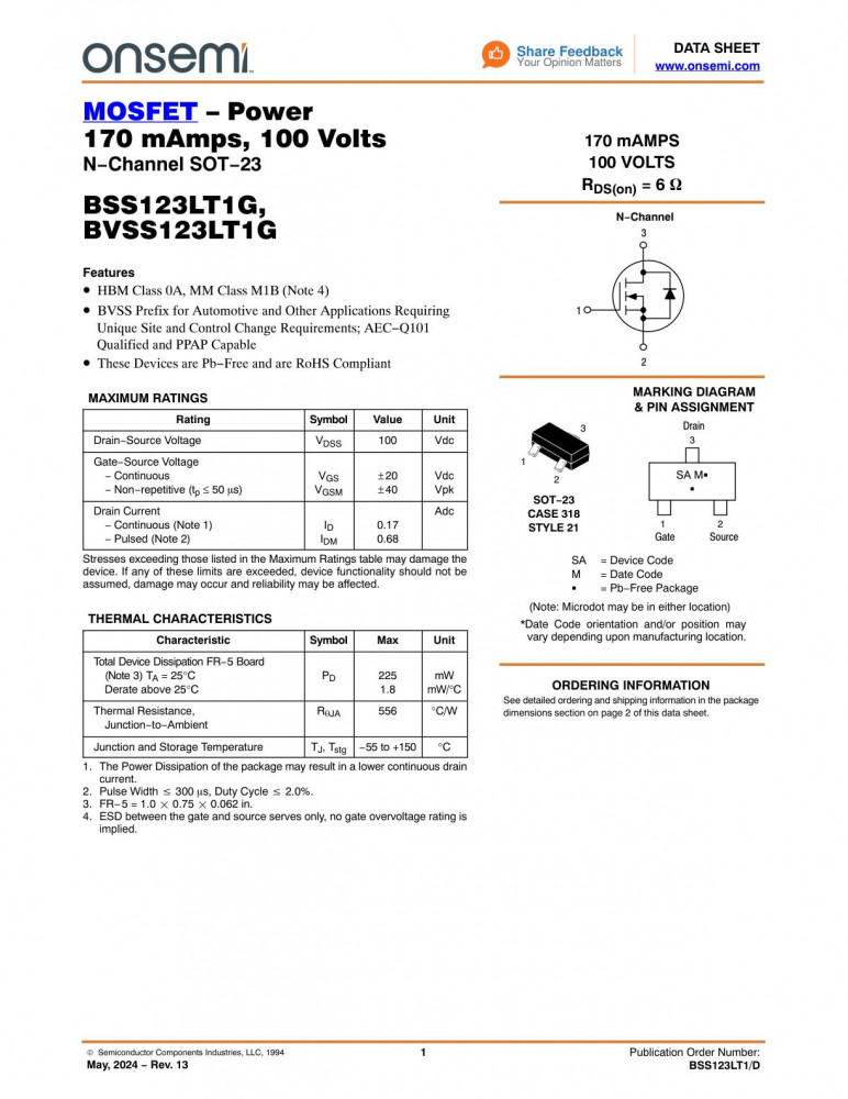 BSS123LT datasheet page 1
