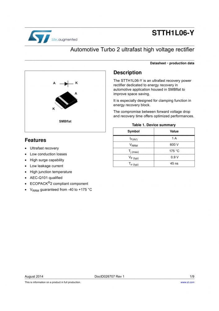 STTH1L06U datasheet page 1
