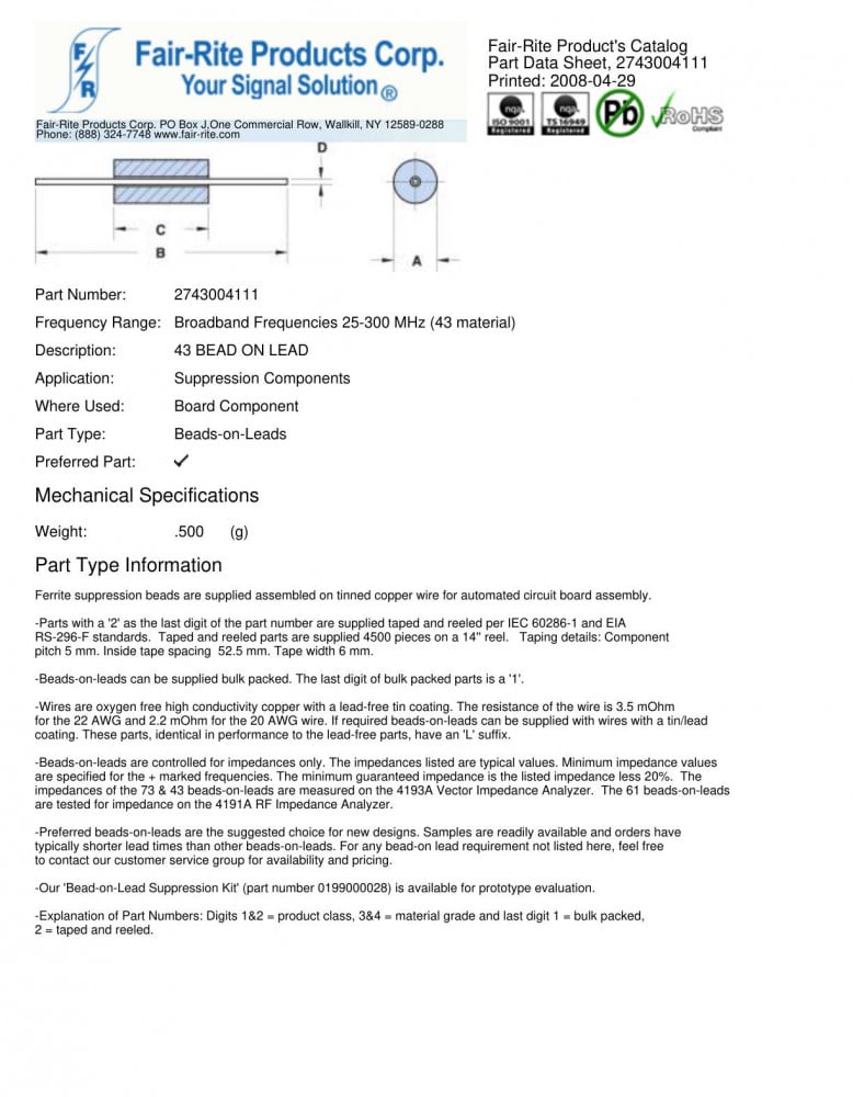 Fair-Rite 2743004111 technical document page 1