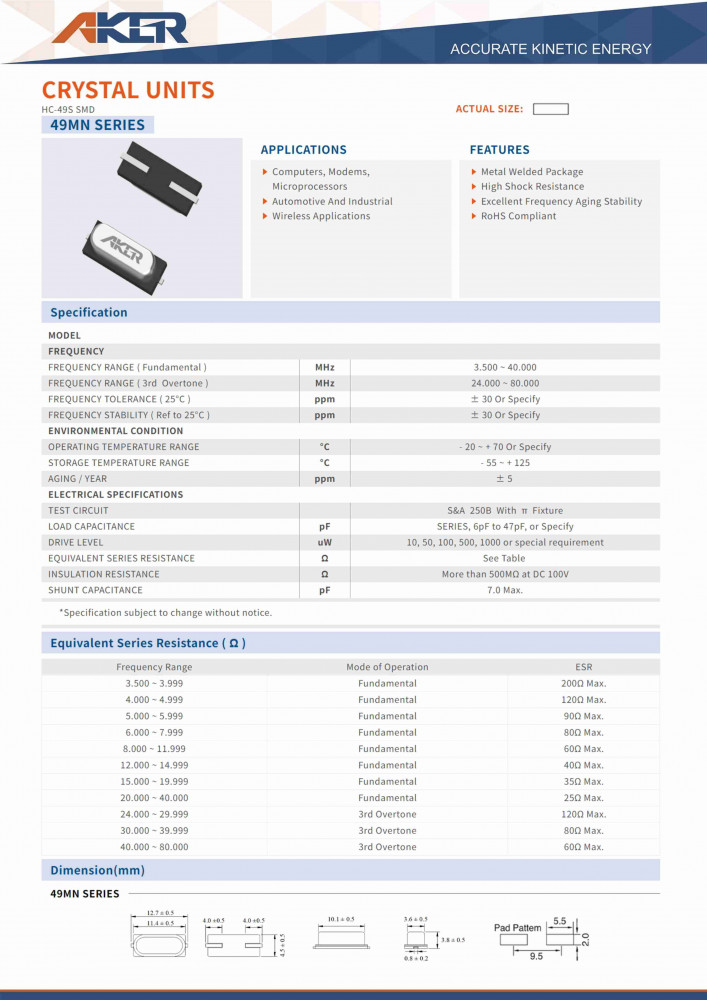 AKER 49MN Series HC-49S SMD crystal unit technical document