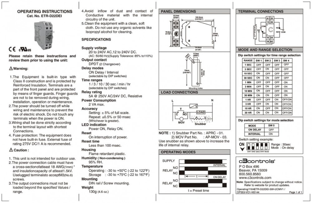 c3controls ETR-D22DEI operating instructions, product documentation page
