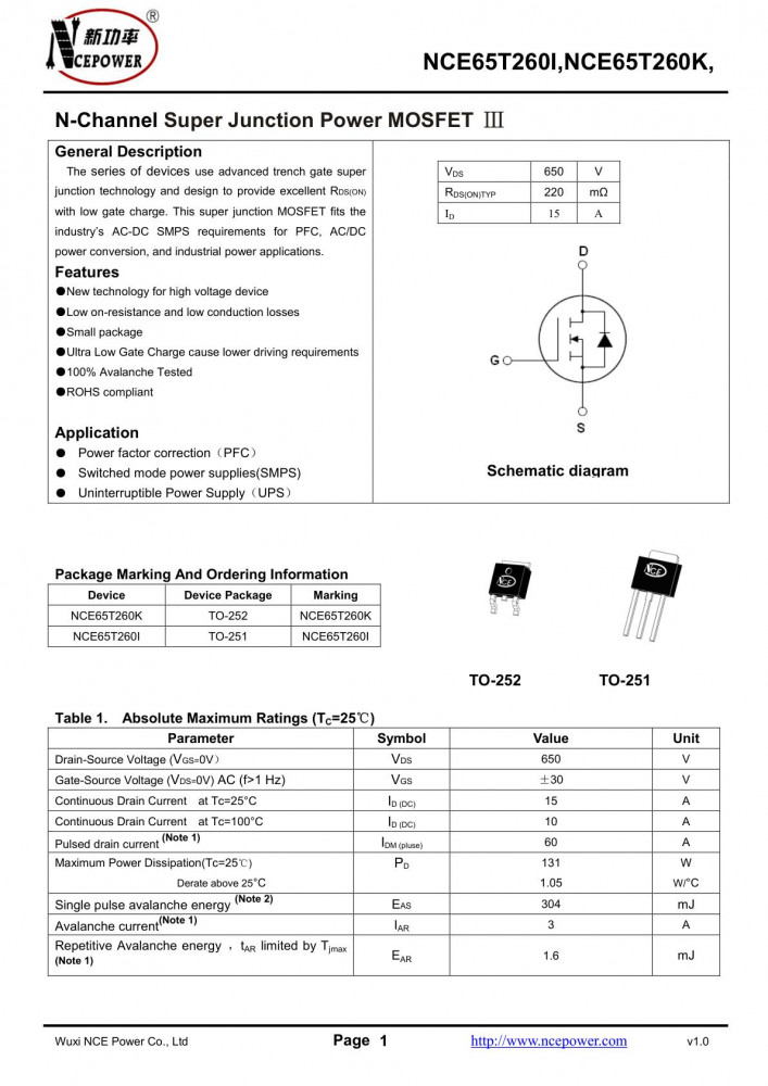 NCE65T260K datasheet page 1